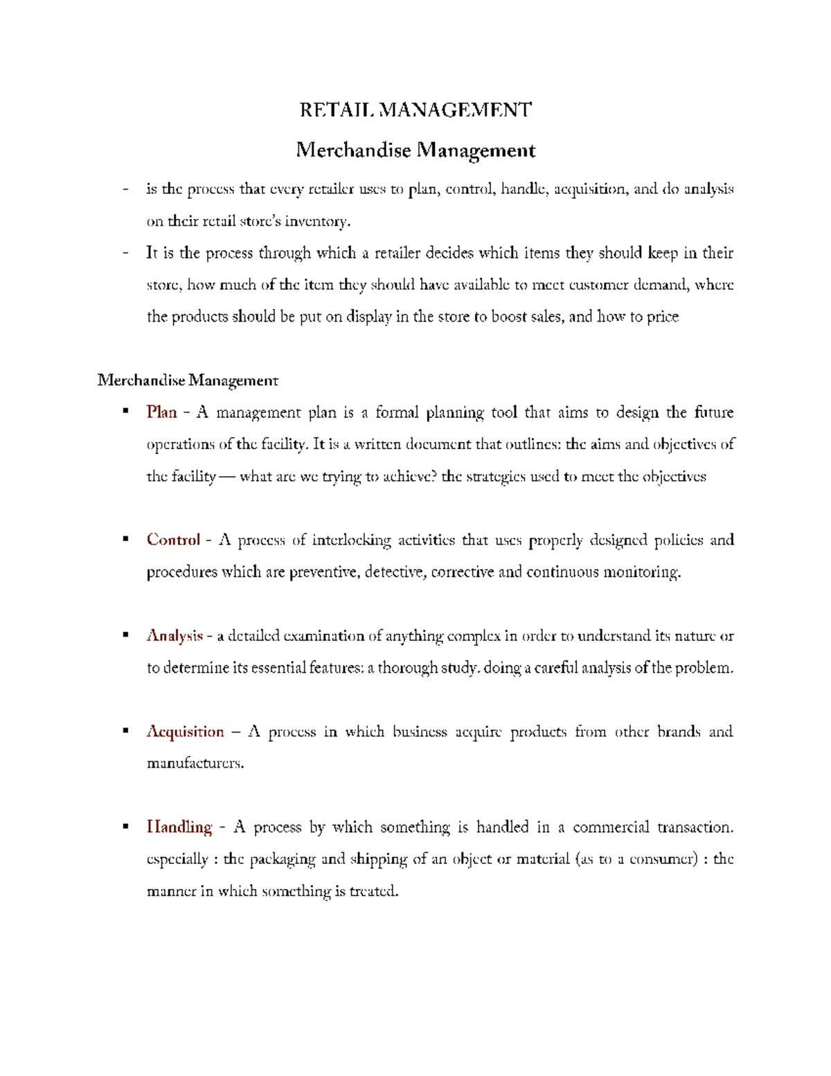 Retail Management Merchandise Management - Marketing Management - - Studocu