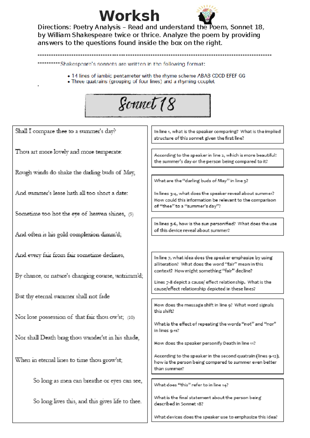 Poetry Worksheet - Secondary Education Major in English - Directions ...