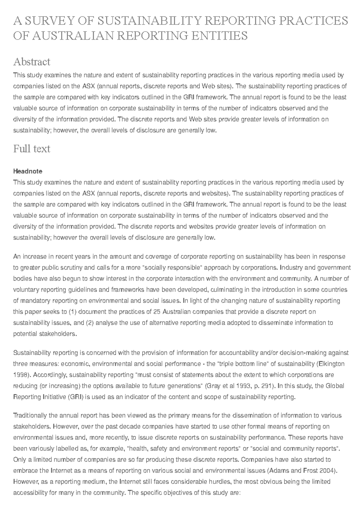 A Survey of Sustainability Reporting Practices of Australian Reporting ...