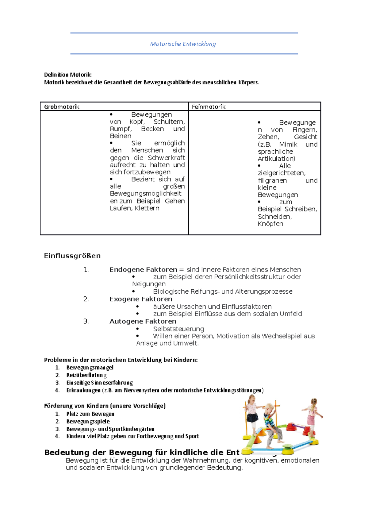 Motorik - Motorische Entwicklung Definition Motorik: Motorik bezeichnet ...