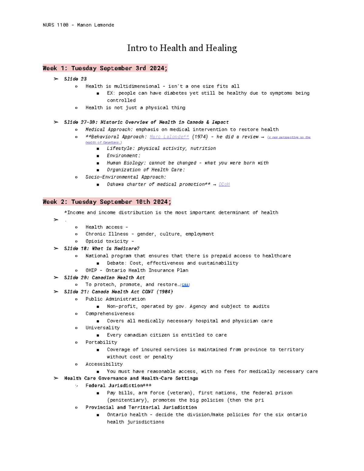 Copy of Intro to Health and Healing - In Class Notes - Intro to Health ...