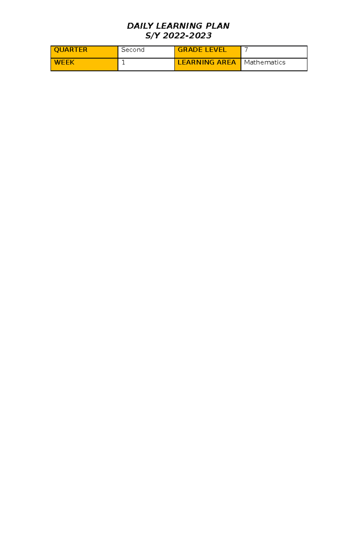 Daily Learning PLAN - notes - DAILY LEARNING PLAN S/Y 2022- QUARTER ...