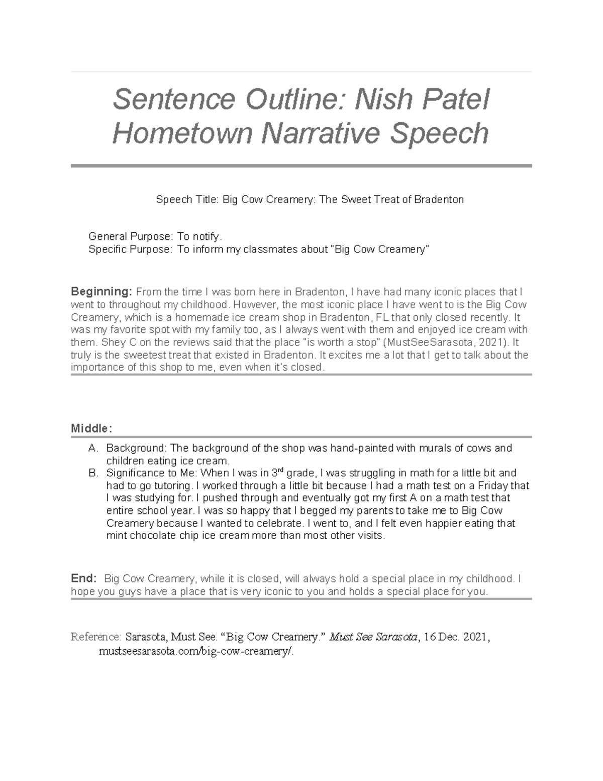 Hometown Narrative Sentence Outline Template - Sentence Outline: Nish ...