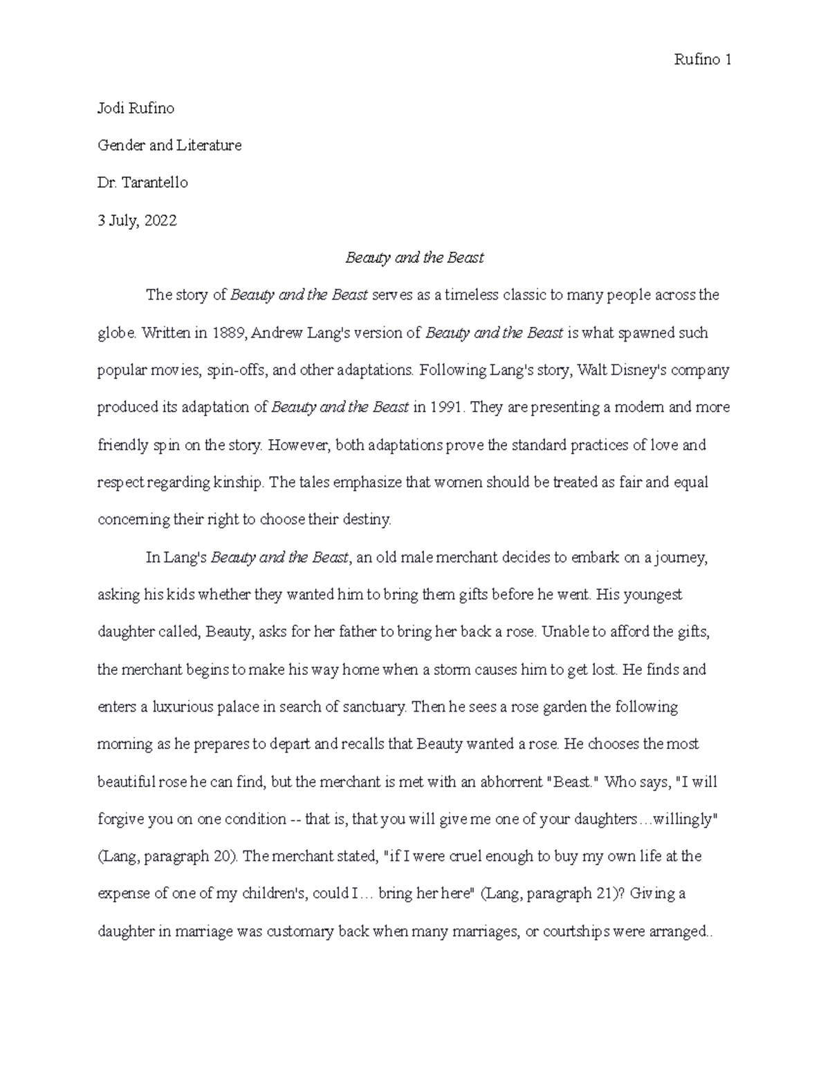 Fairy tale analysis - Jodi Rufino Gender and Literature Dr. Tarantello ...