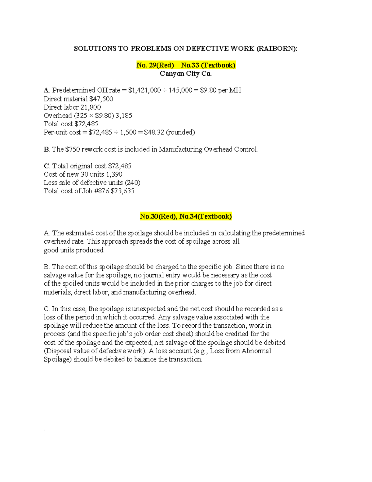 SolMan: Raiborn - Defective Work (Job Order Costing) - SOLUTIONS TO ...