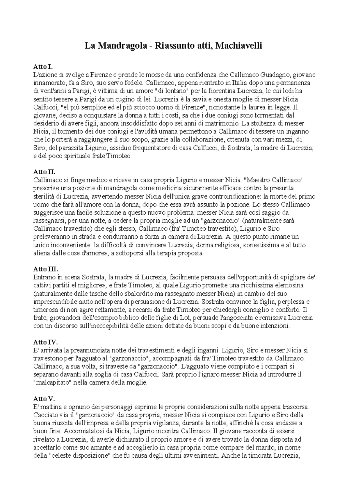 LA Madragola - MACH. (riassunto) - La Mandragola - Riassunto atti ...