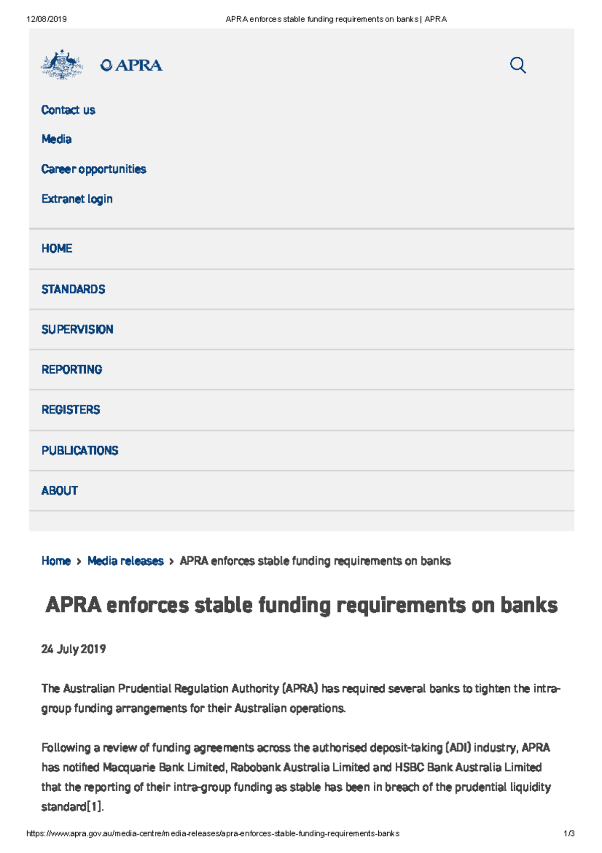 APRA enforces stable funding requirements on banks APRA - - Studocu