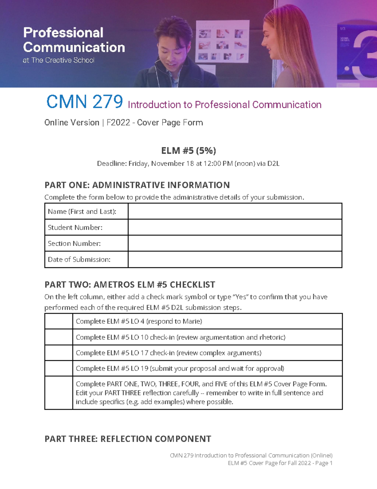 CMN 279 (Online) ELM #5 Cover Page Form - F2022 - CMN 279 Introduction ...