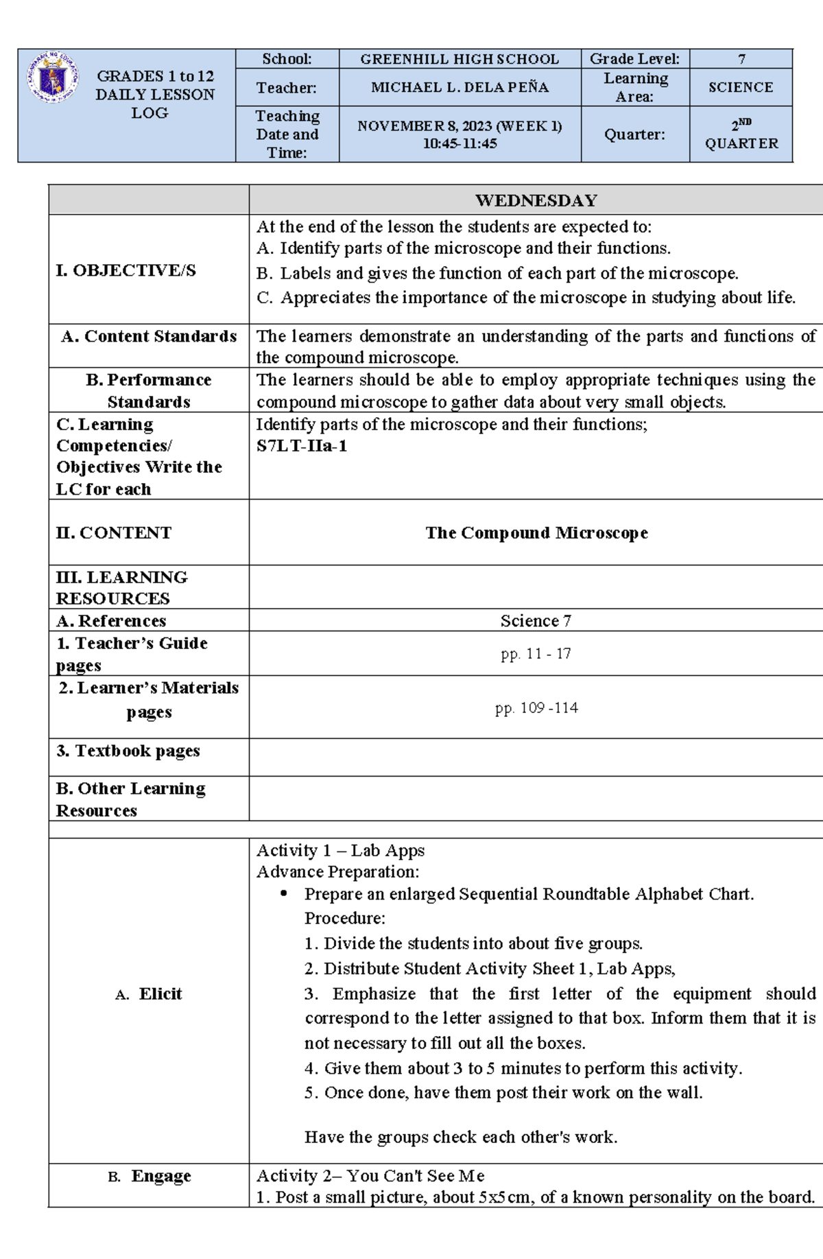 W1d3 - SCIENCE - GRADES 1 to 12 DAILY LESSON LOG School: GREENHILL HIGH ...