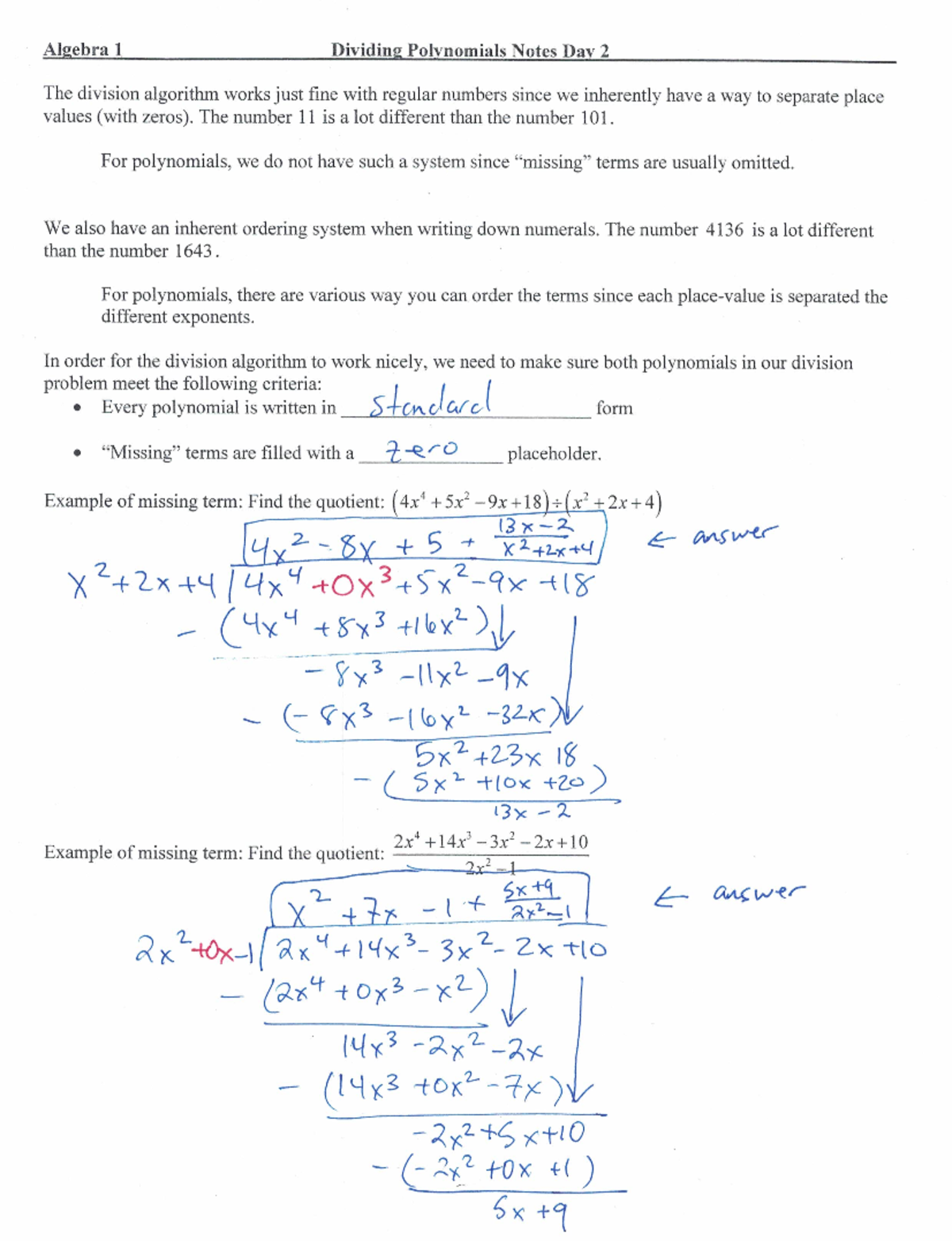 Dividing Polynomials Day 2 - Algebra 1 Dividing Polynomials Notes Day 2 ...