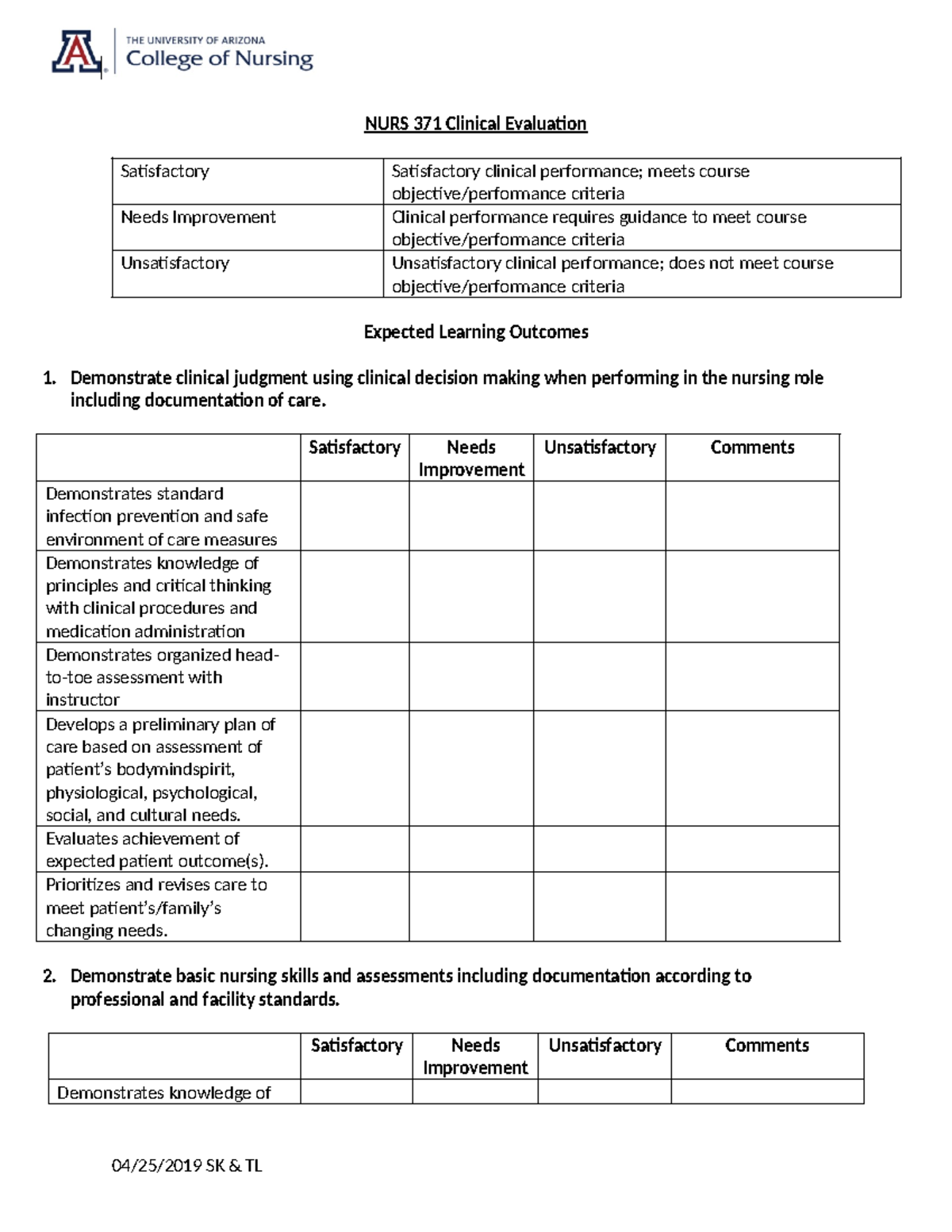 NURS 371 Clinical Evaluation Form - NURS 371 Clinical Evaluation ...