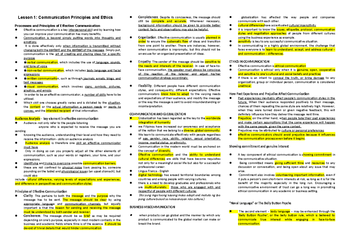 Lesson 1 - Lesson 1: Communication Principles and Ethics Processes and ...