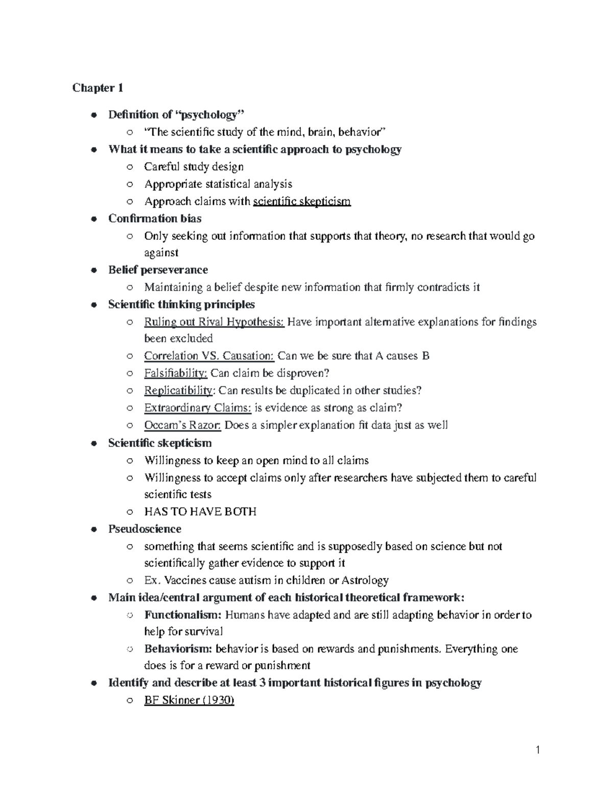 Final Exam Study Guide - Chapter 1 Definition of “psychology” “The scientific study of the mind ...