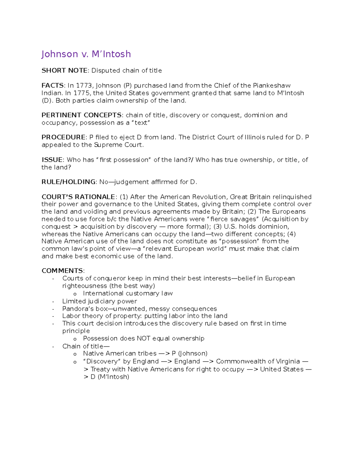 Property Law Outline - 2 - Johnson v. M’Intosh SHORT NOTE: Disputed ...