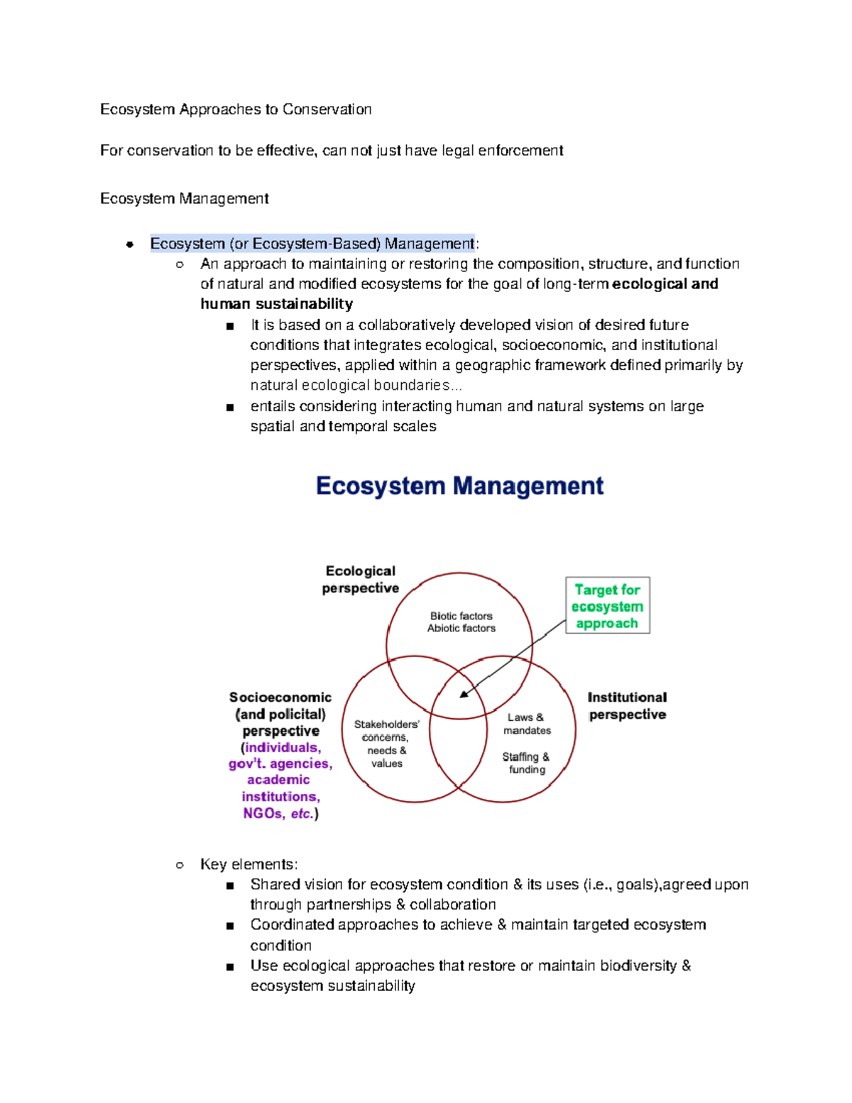 Ecosystem Approaches to Conservation - .. entails considering ...