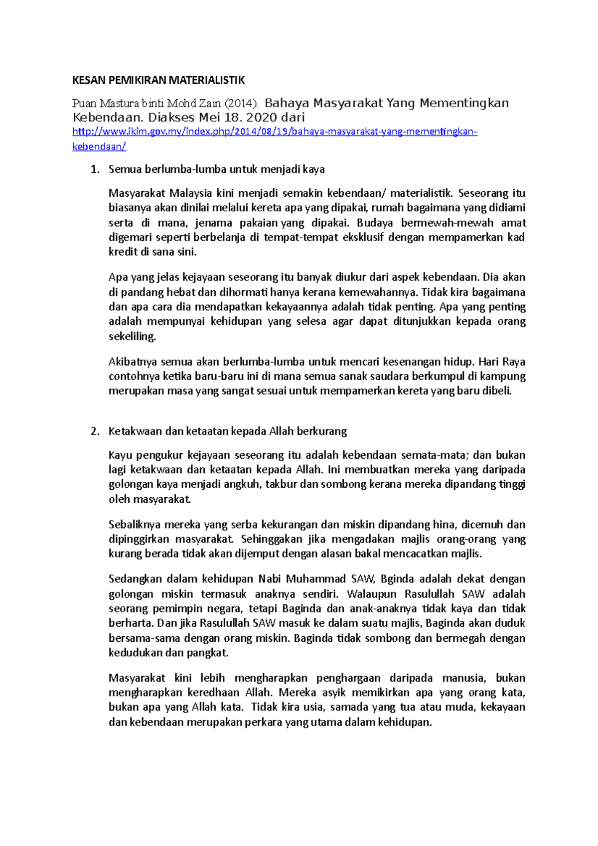 Kesan Pemikiran Materialistik - KESAN PEMIKIRAN MATERIALISTIK Puan ...