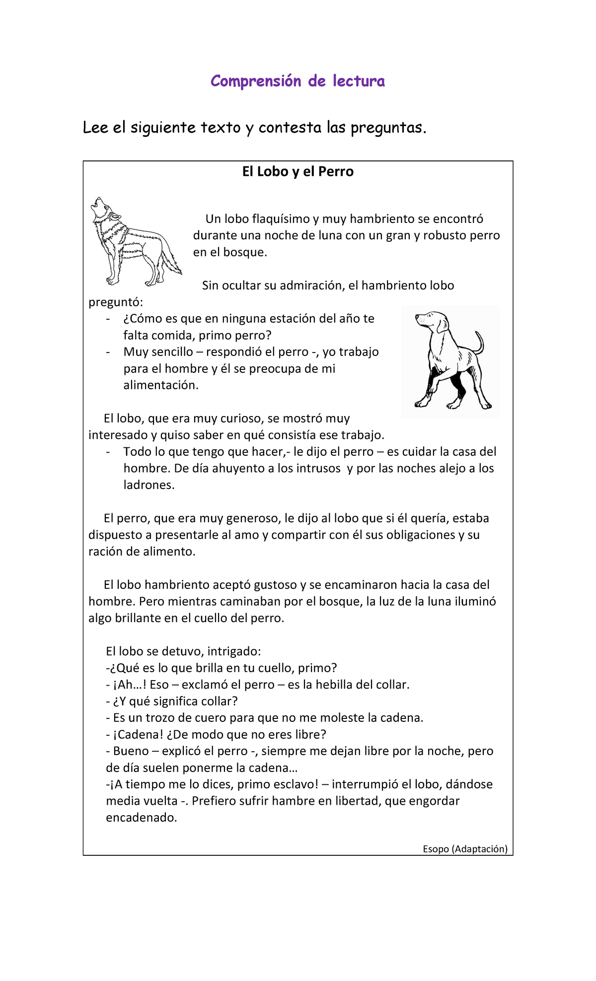 Comprensión de lectura El lobo y el perro - Comprensión de lectura Lee ...