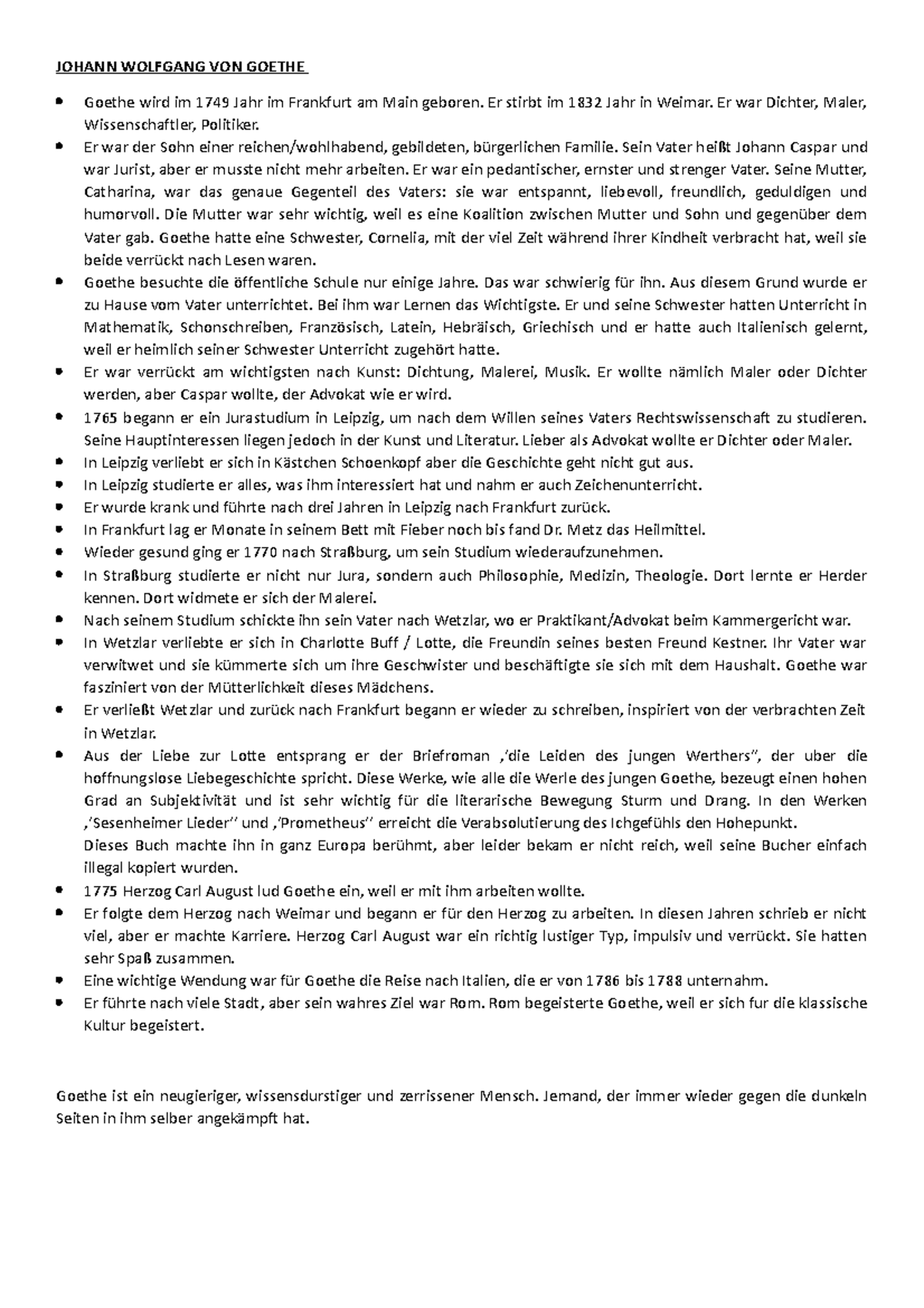 Goethe: vita e opere - JOHANN WOLFGANG VON GOETHE Goethe wird im 1749 Jahr im Frankfurt am Main ...