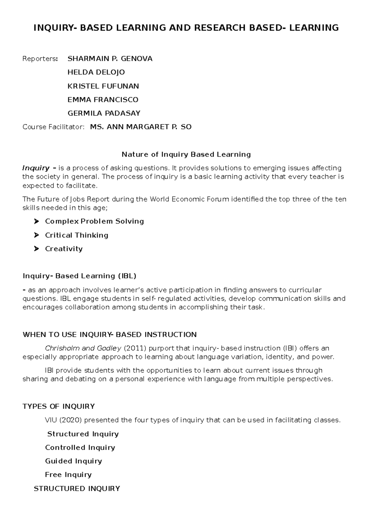 HAND OUTS IN TTL 2 Chapter 2 - INQUIRY- BASED LEARNING AND RESEARCH BASED- LEARNING Reporters ...