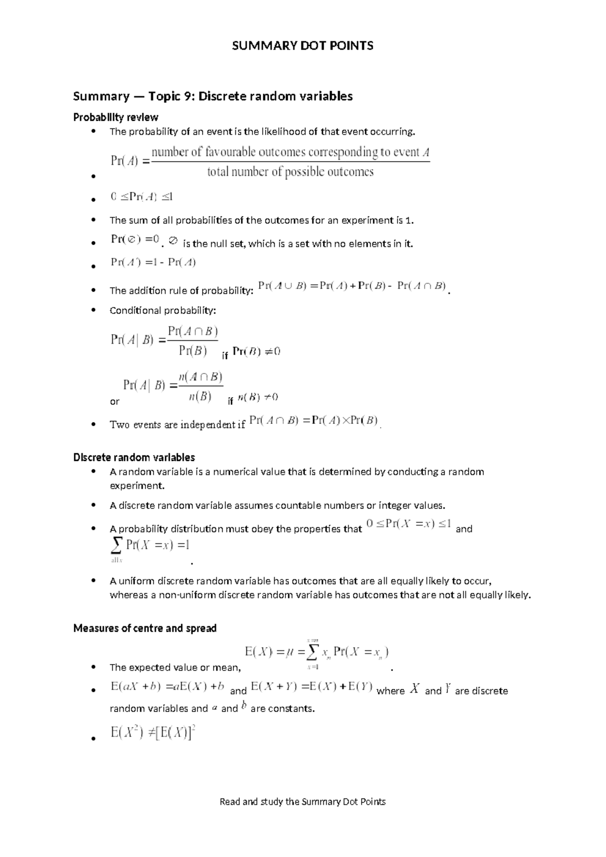 Summary Dot Points - Topic 9 - SUMMARY DOT POINTS Summary — Topic 9: Discrete random variables ...