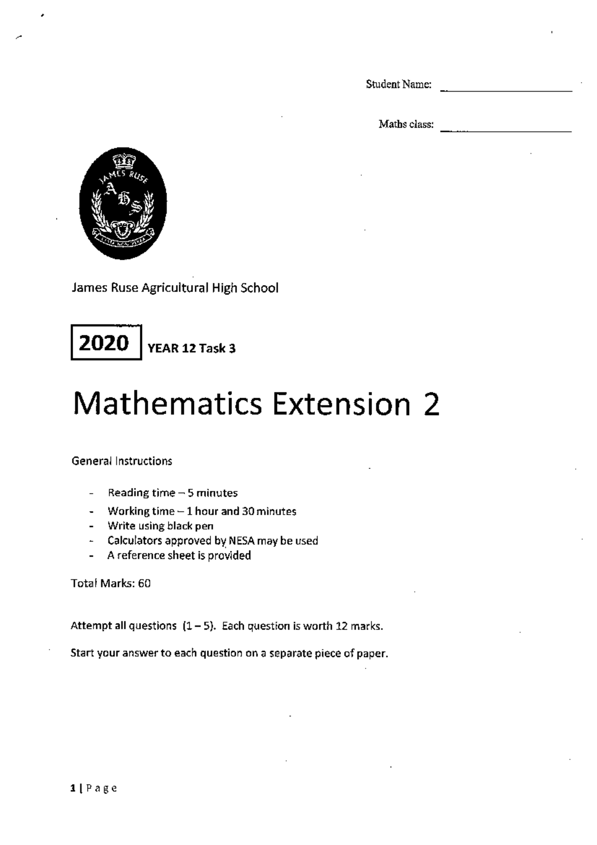 Task 3 Extension 2 Paper from James Ruse Agricultural High School For ...