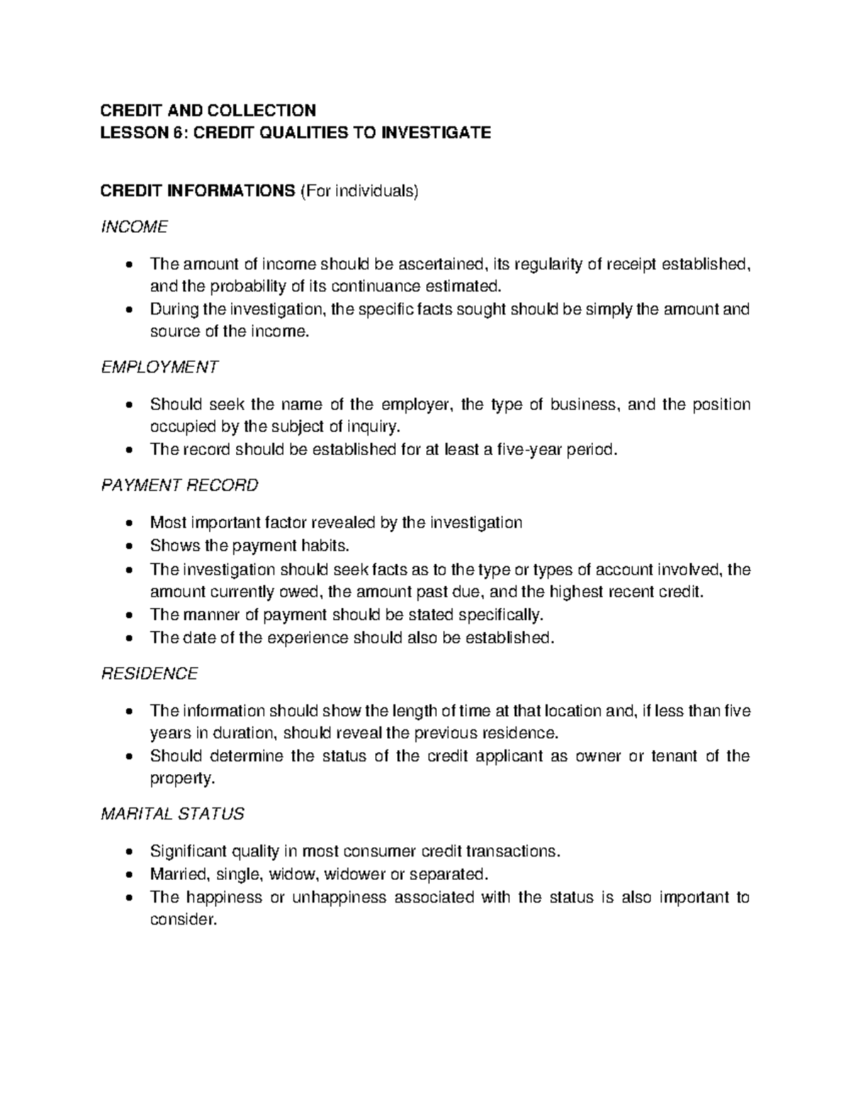 Lesson 6 - Credit Qualities to Investigate - Credit And Collection ...