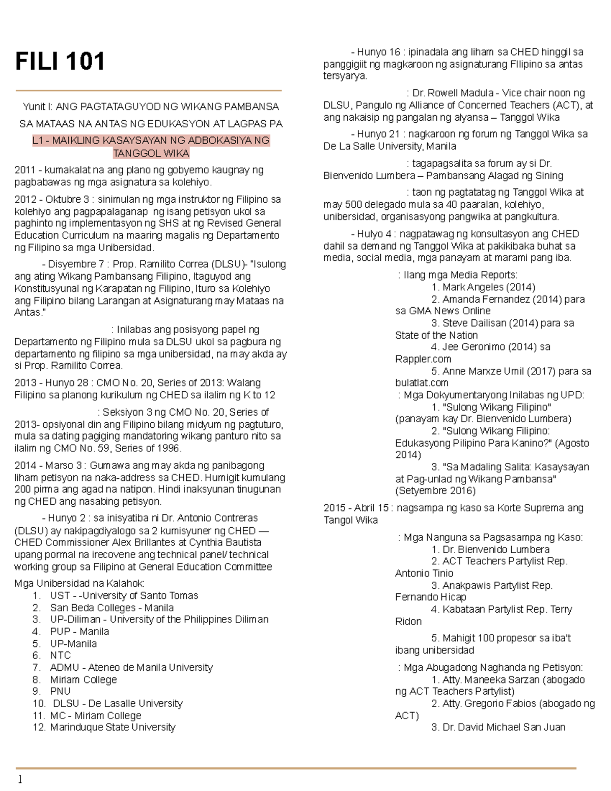 1ST YR - FILI - Summary Kontekstwalisadong Komunikasyon sa Filipino - FILI 101 Yunit I: ANG ...