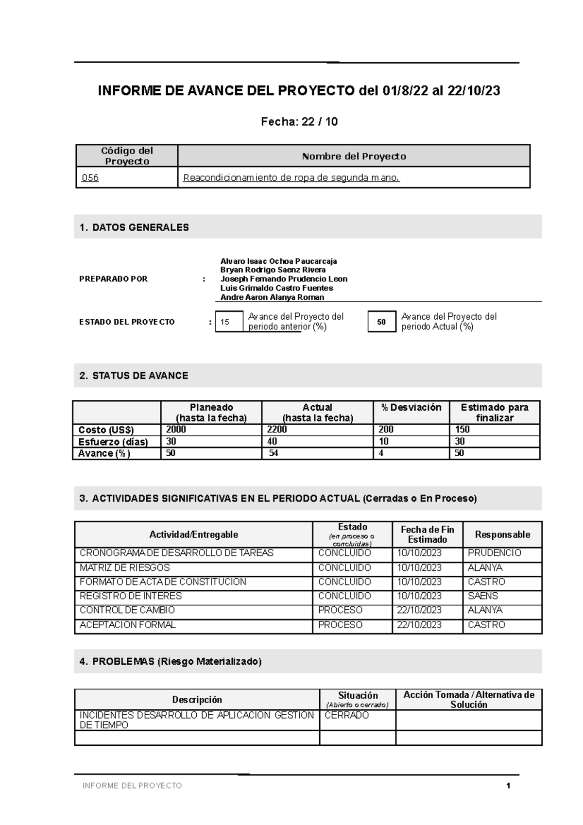 Semana 10 - Word - Formato de informe de avance del proyecto - INFORME ...