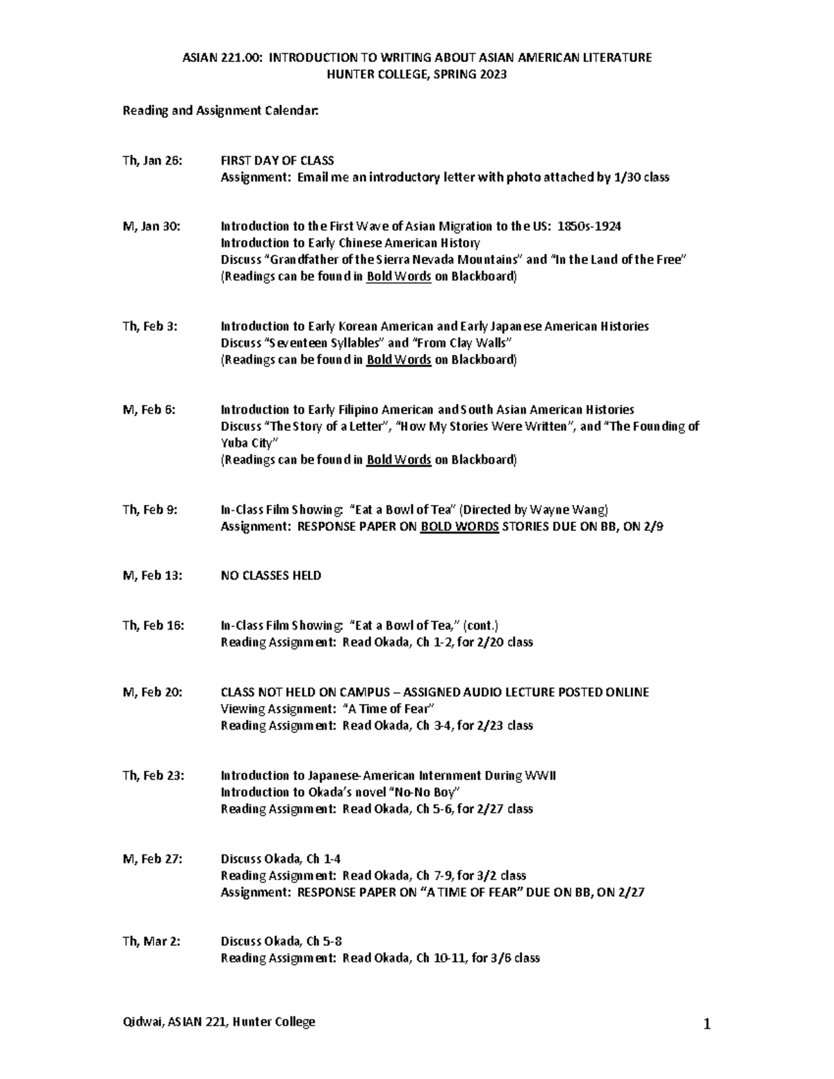 ASIAN 221 Course Calendar - ASIAN 221: INTRODUCTION TO WRITING ABOUT ...