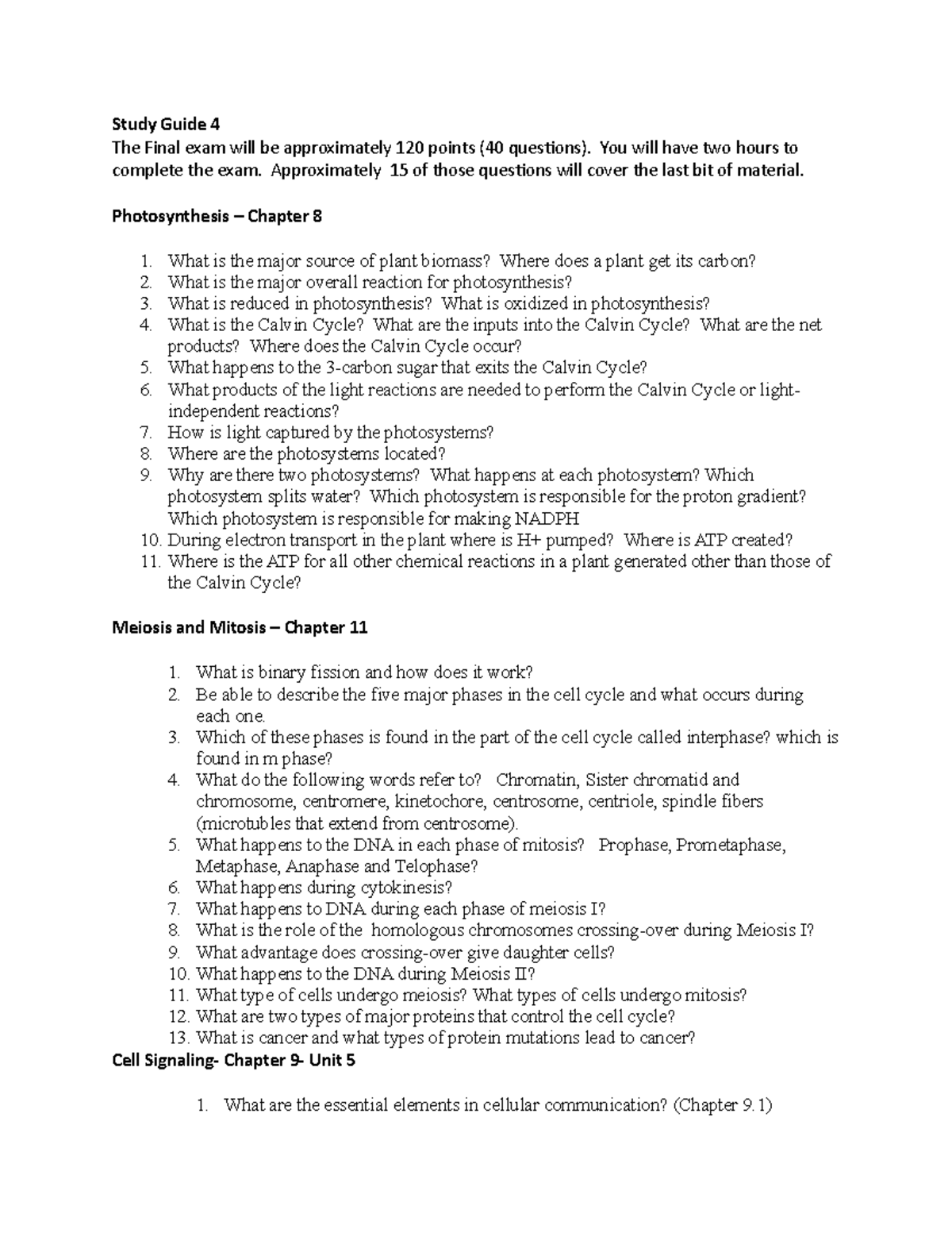 Bio study guide final - Professor Terrie Rife - Study Guide 4 The Final ...