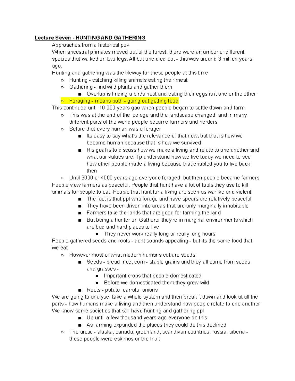 Hunting and Gathering - Lecture notes 7-8 - Lecture Seven - HUNTING AND ...