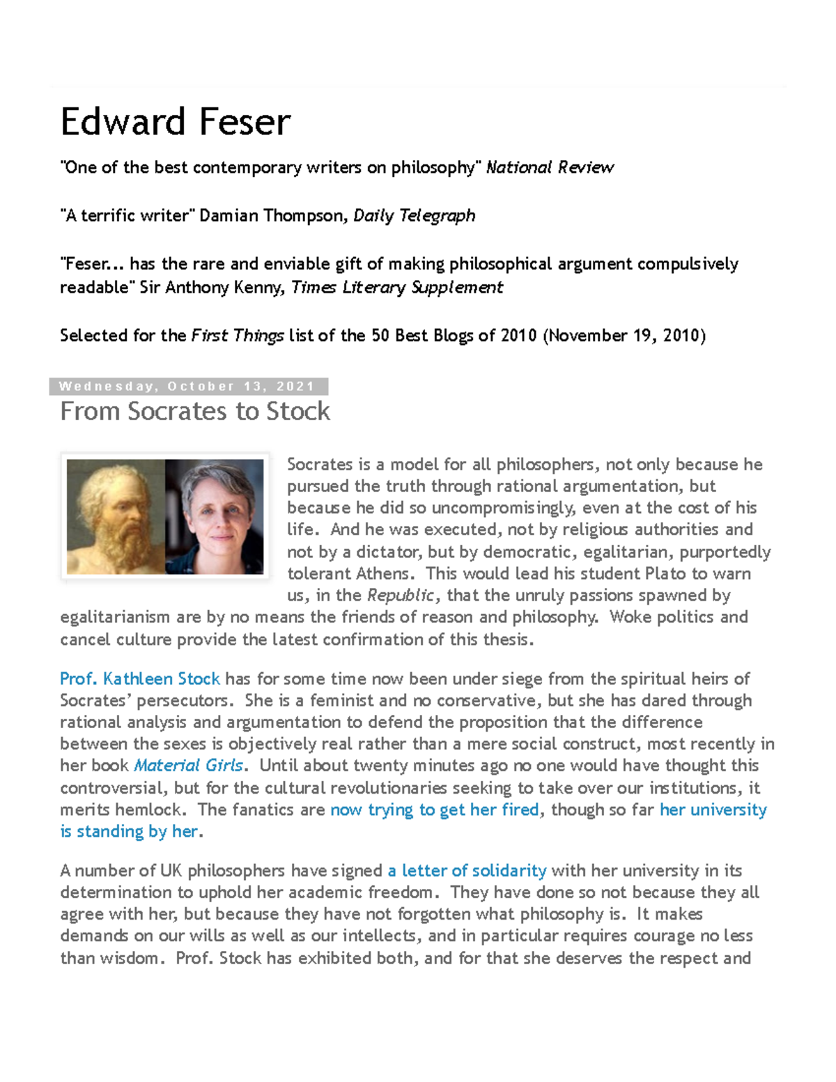 Edward Feser- From Socrates to Stock - "One of the best contemporary ...