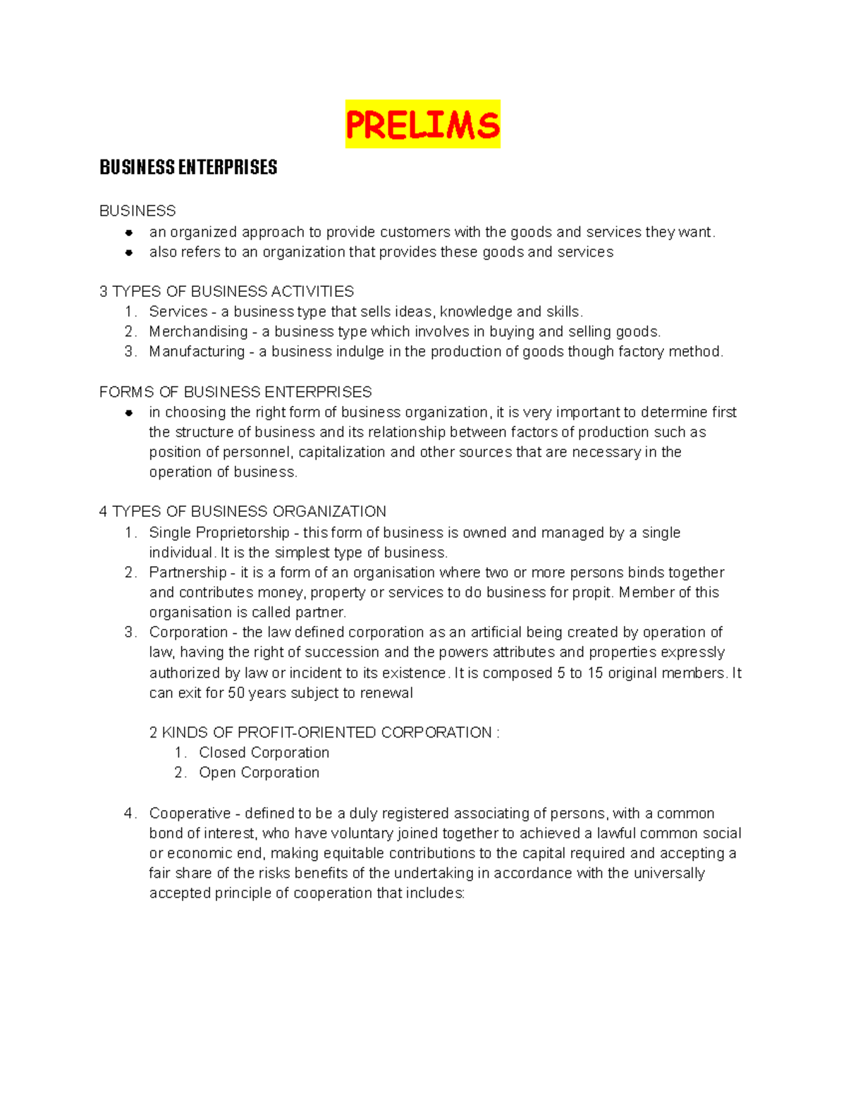 Business Organization Course Review BSHM - PRELIMS BUSINESS ENTERPRISES ...