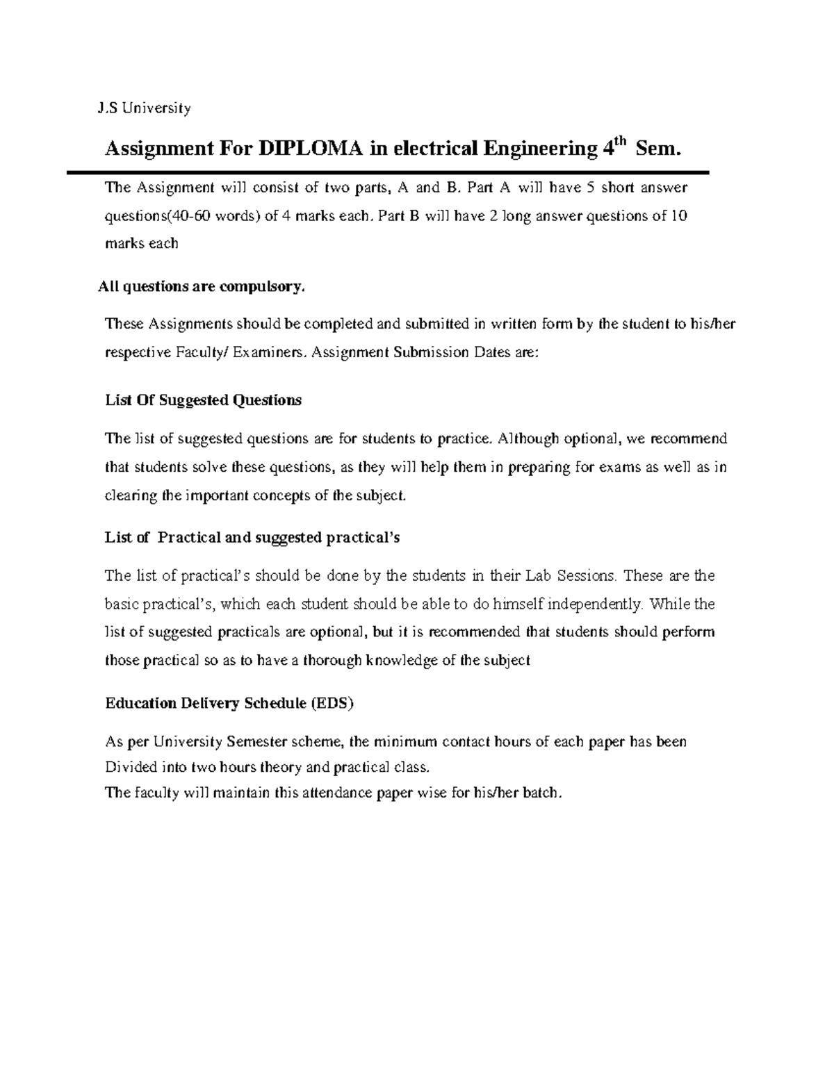 Diploma 4th sem js assignment electrical - J University Assignment For DIPLOMA in electrical ...