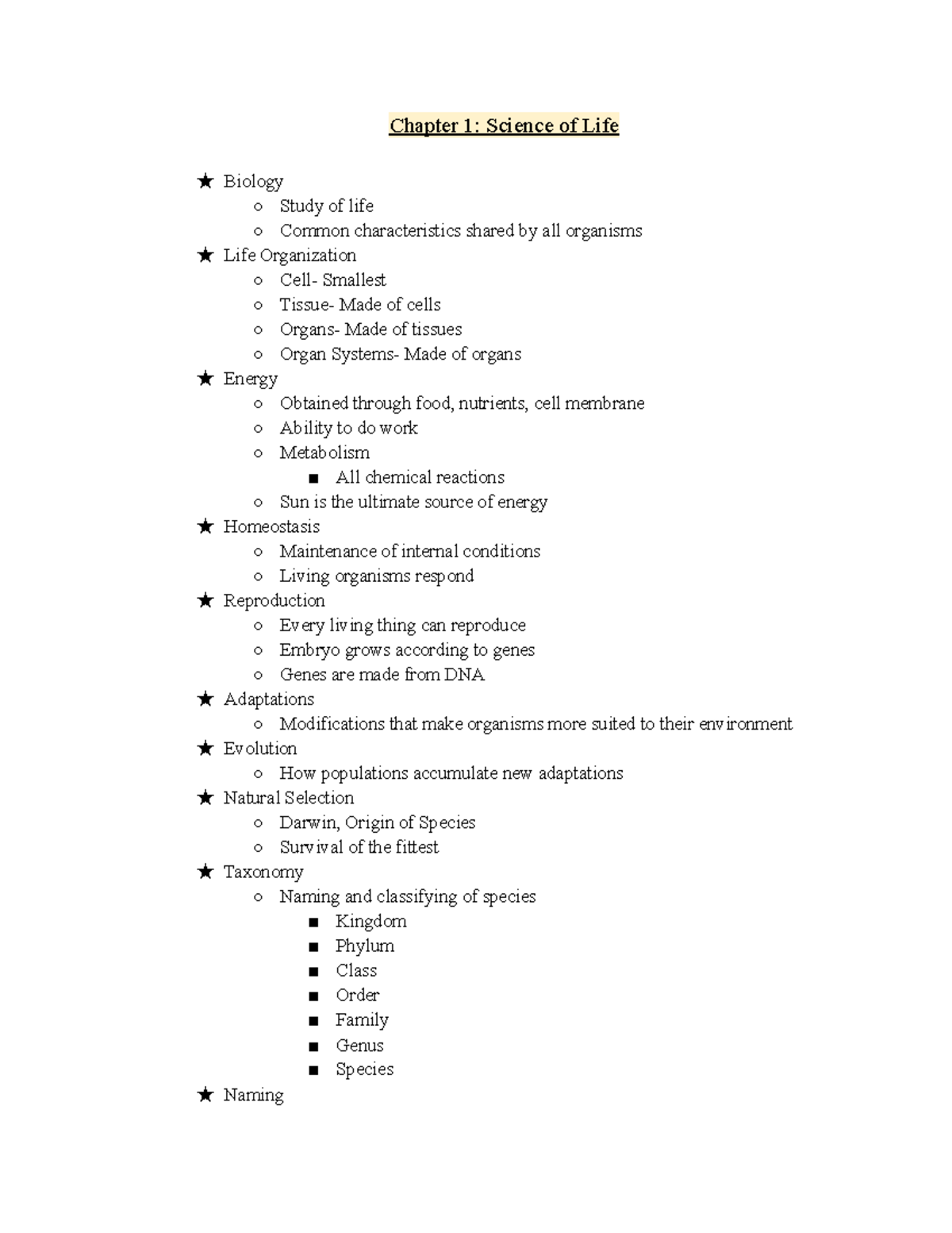 BIO 110 Notes - Chapter 1: Science of Life ★ Biology Study of life ...