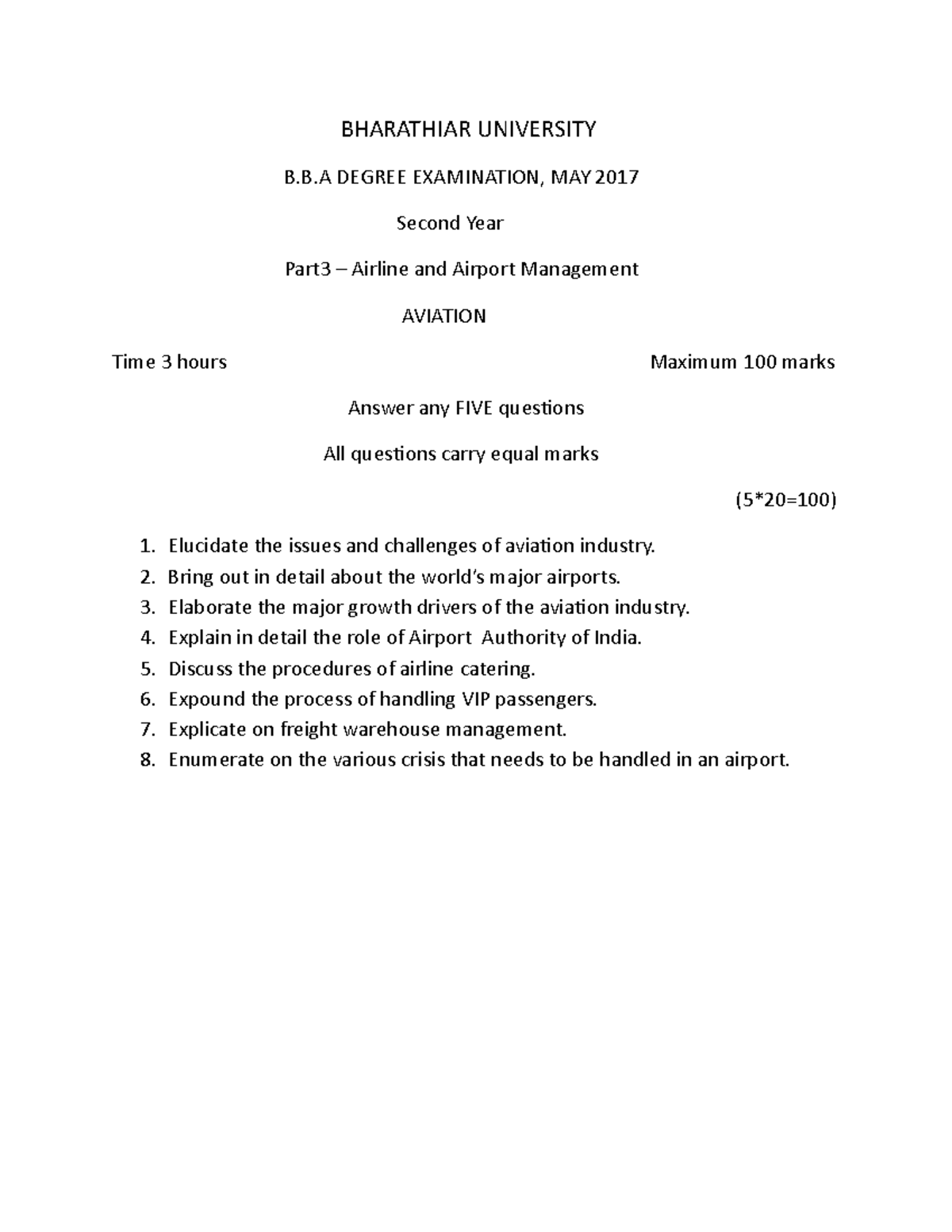 Aviation - BHARATHIAR UNIVERSITY B.B DEGREE EXAMINATION, MAY 2017 Second Year Part3 – Airline ...