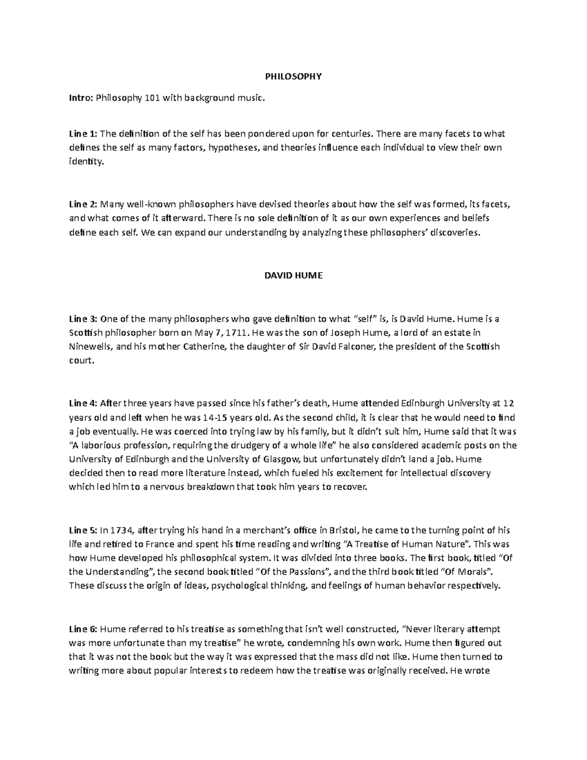 David Hume Script - sdfds - PHILOSOPHY Intro: Philosophy 101 with background music. Line 1: The ...