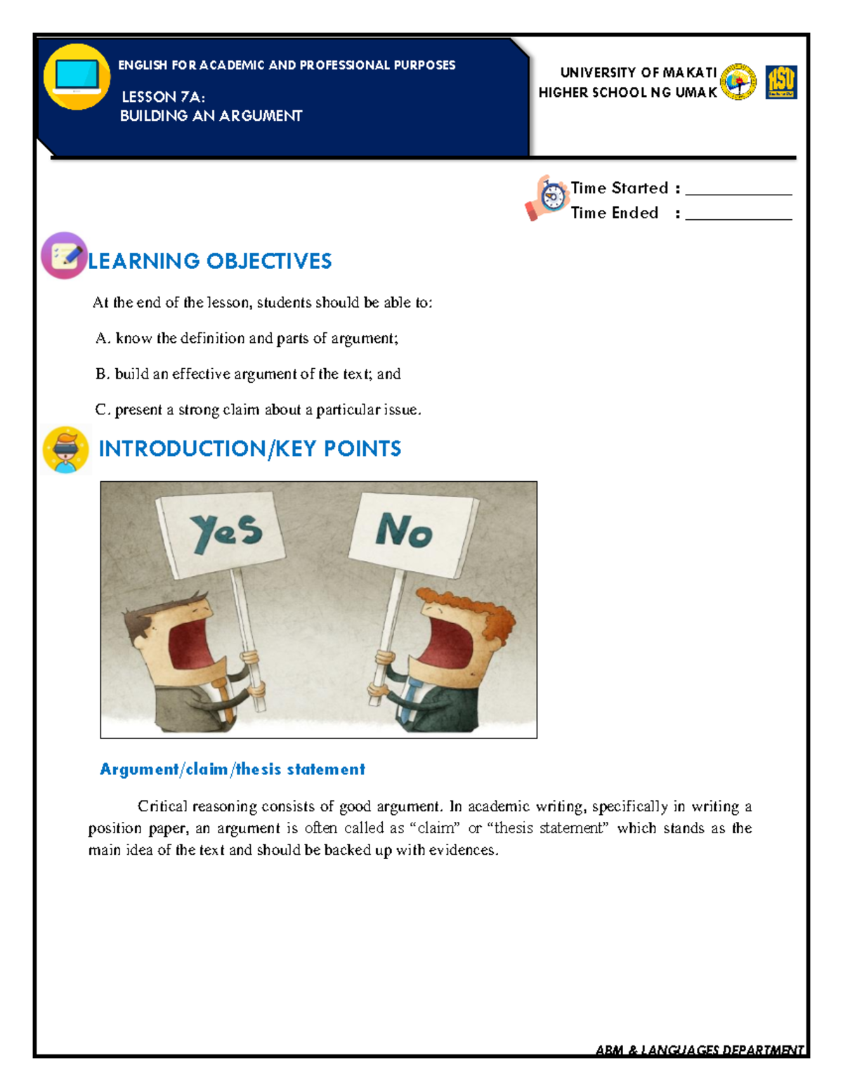 Lesson 7A- Building AN Argument - ENGLISH FOR ACADEMIC AND PROFESSIONAL ...
