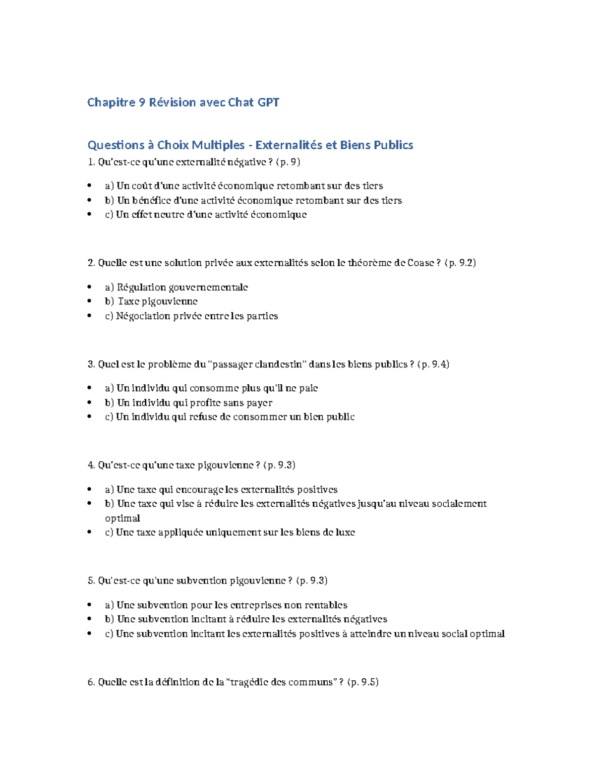 Complete Questions Choix Multiples Externalités Biens Publics ...