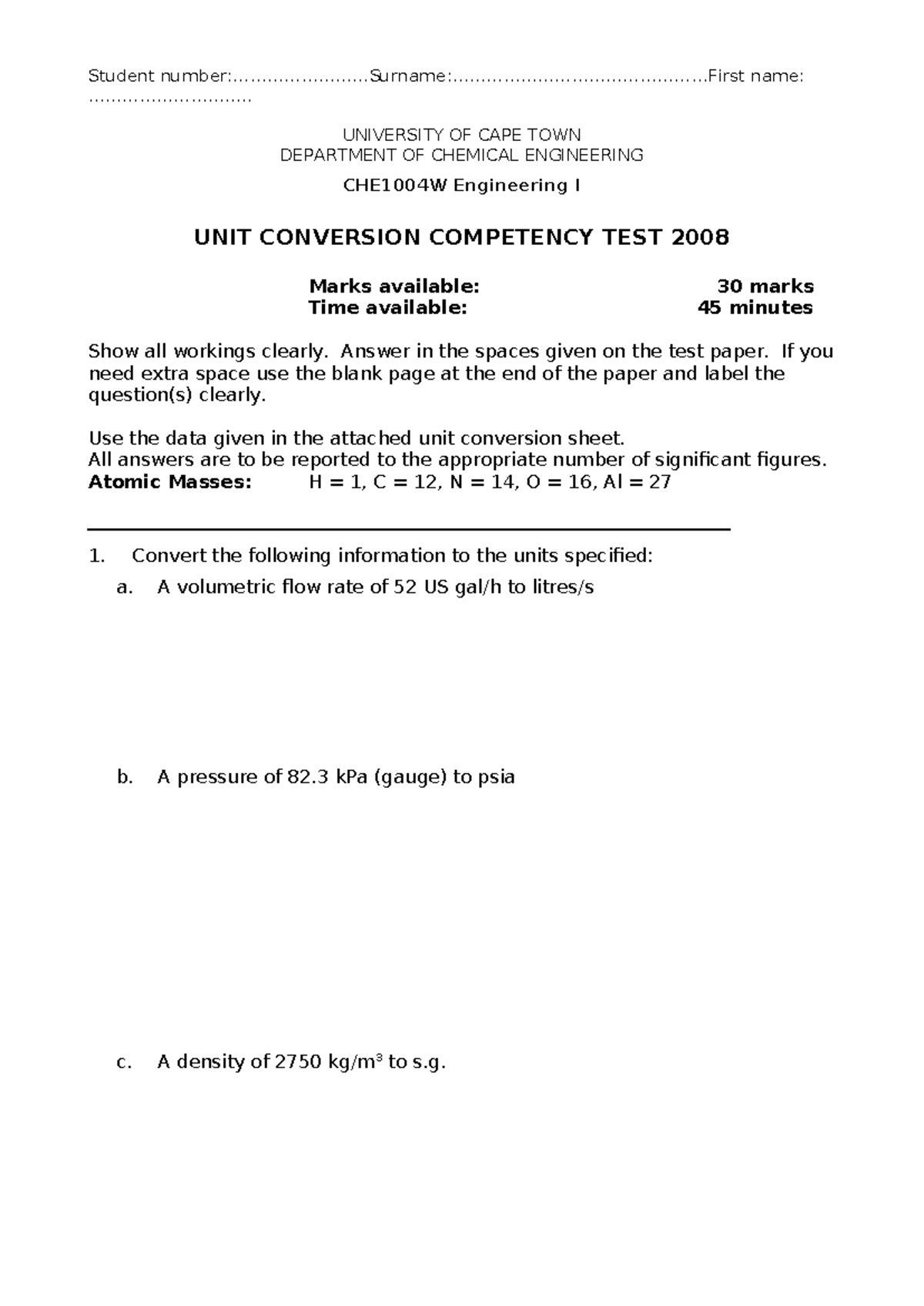 2008 Unit Conversion Test - Student - Studocu