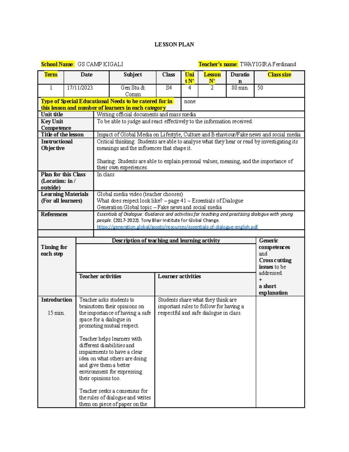 S4 Gen Studies Fake News - LESSON PLAN School Name: GS CAMP KIGALI ...