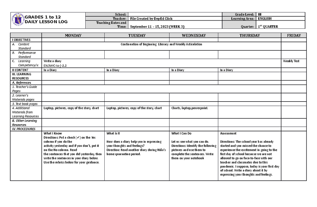 DLL English 3 Q1 W3 - yes - GRADES 1 to 12 DAILY LESSON LOG School ...