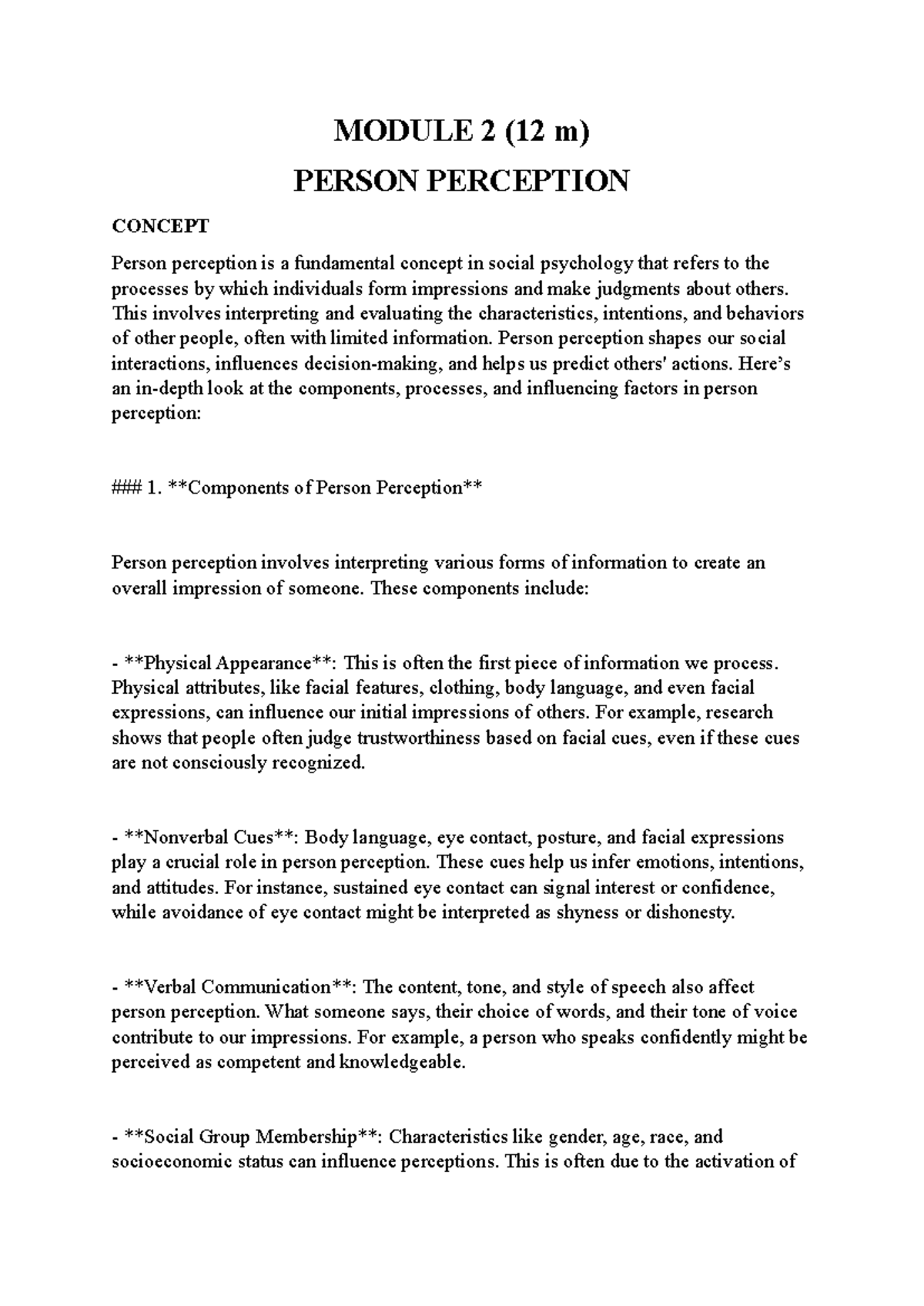 Social Psychology Mod 2 - MODULE 2 (12 m) PERSON PERCEPTION CONCEPT ...