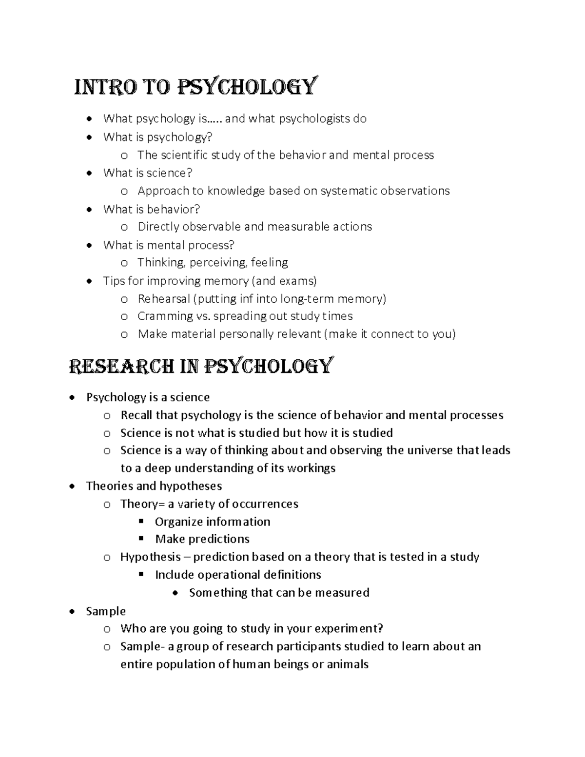 Psychology notes - Intro to psychology What psychology is..... and what ...