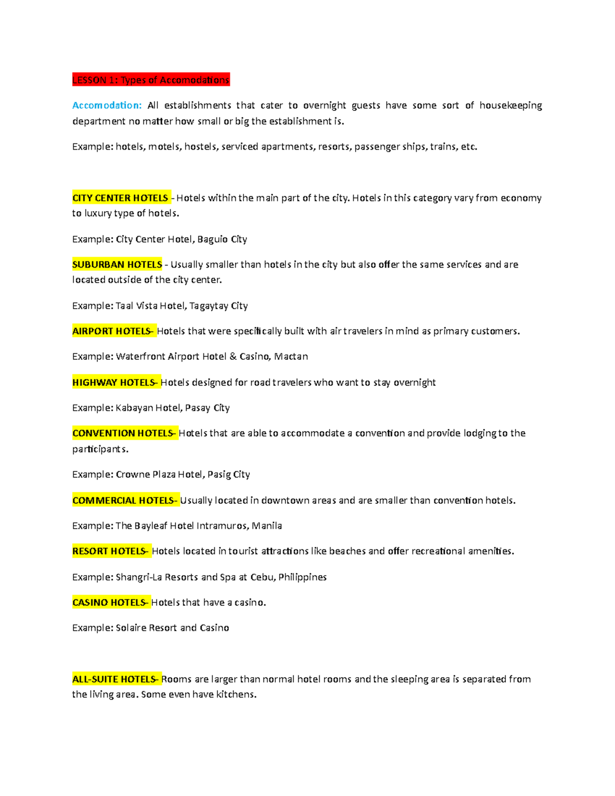 Lodging Reviewer - LESSON 1: Types of Accomodations Accomodation: All ...