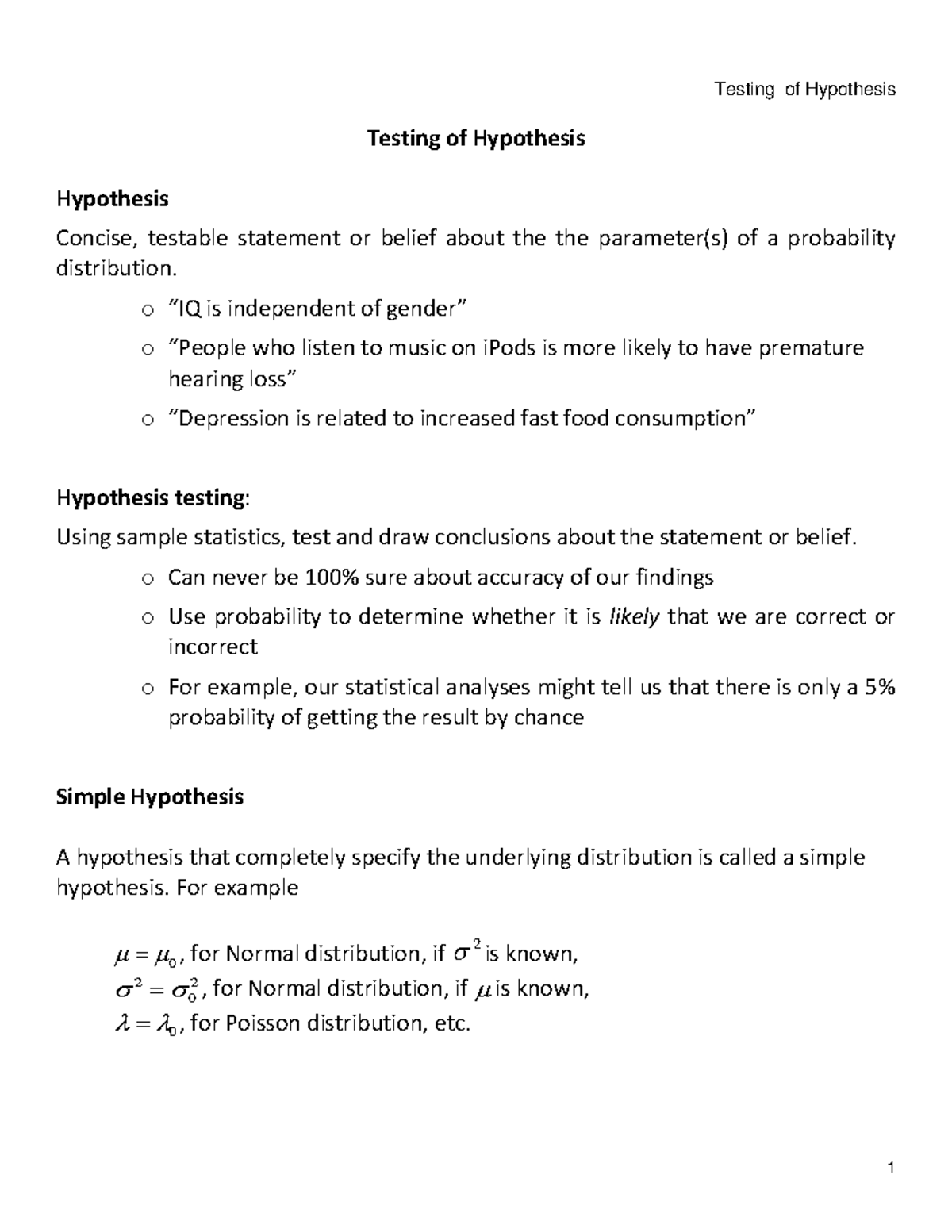 1 Hypothesis Testing Mtech In Qror Warning Tt Undefined Function 32 Warning Tt