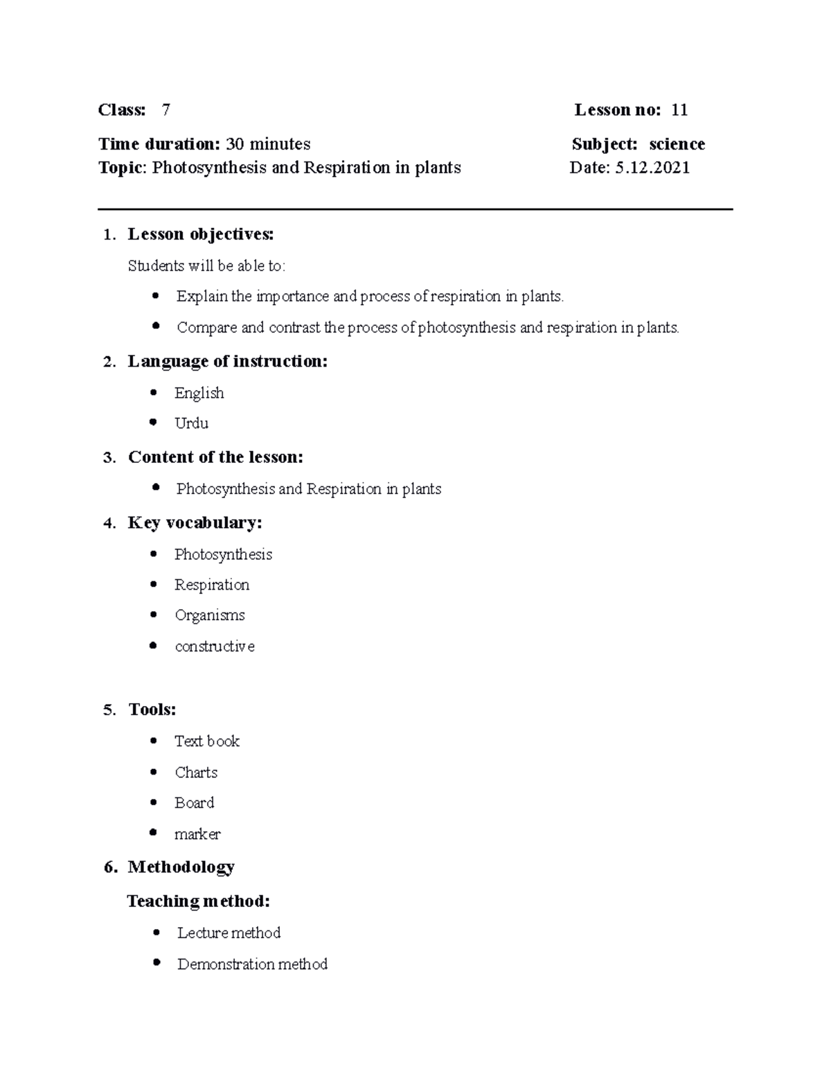 Lesson plan 11 - Nice - Class: 7 Lesson no: 11 Time duration: 30 ...