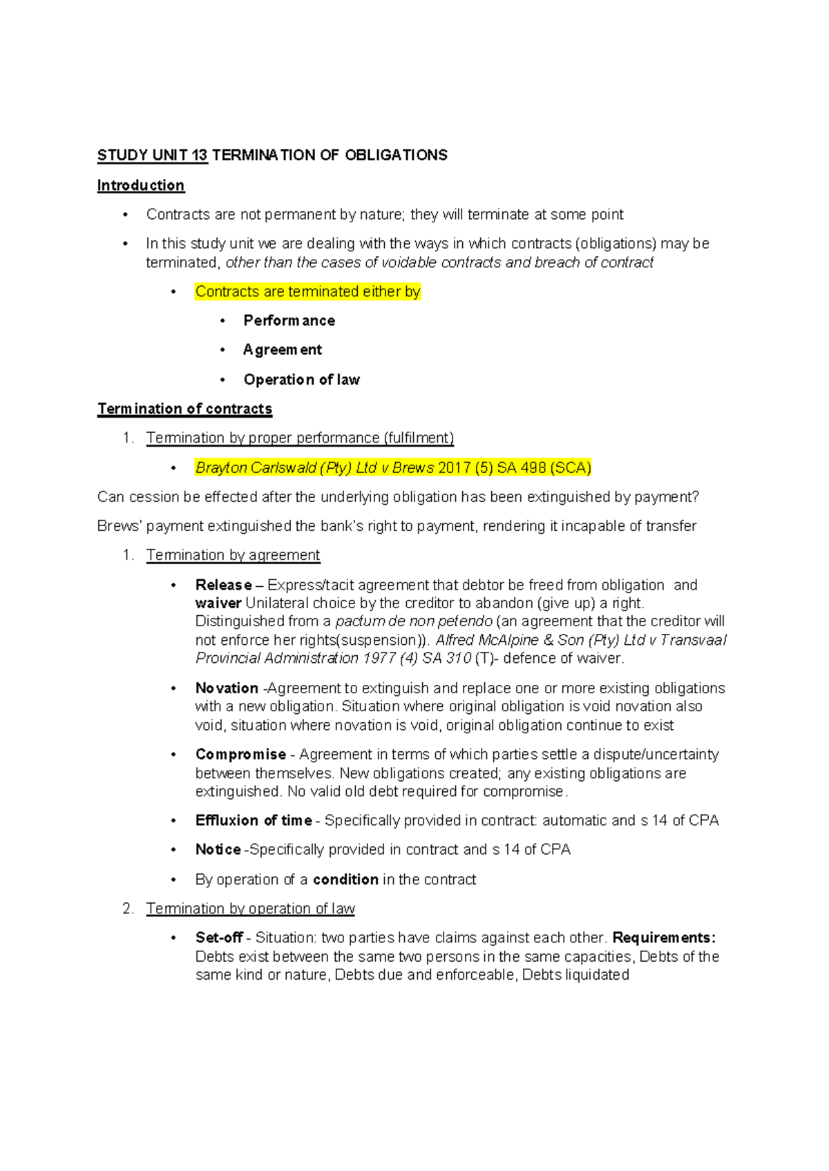 IURI 373 su 13 and 14 - class notes - STUDY UNIT 13 TERMINATION OF ...
