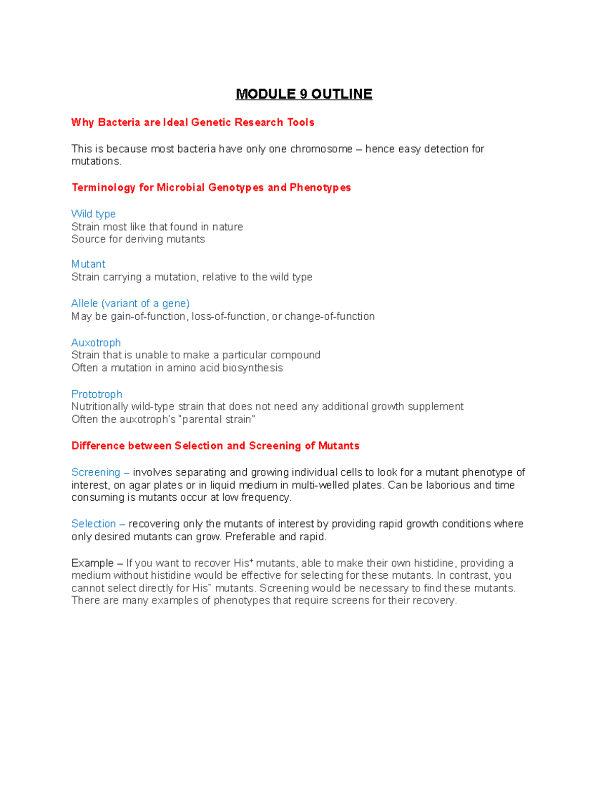 Module 9 Outline - MODULE 9 OUTLINE Why Bacteria are Ideal Genetic ...