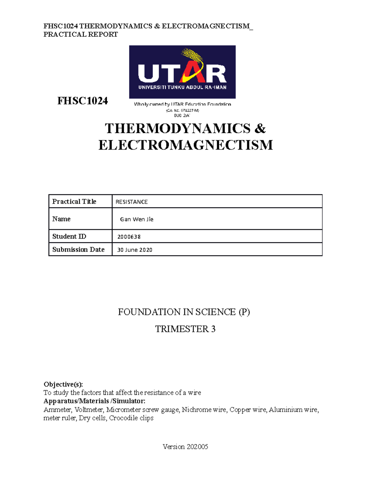 TEM Lab Report Practical 4 - PRACTICAL REPORT FHSC THERMODYNAMICS ...
